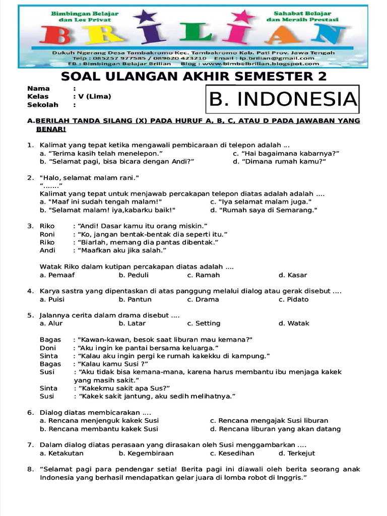 PDF Soal Uas Bahasa Indonesia Kelas 5 SD Semester 2 Dan Kunci Jawaban Compress | PDF