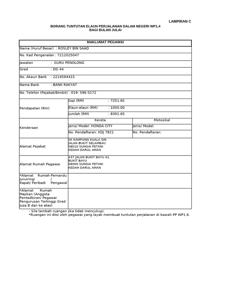 Borang Tuntutan Perjalanan Tahun 2024. 4 Excel - WP 1.4 01012024 | PDF