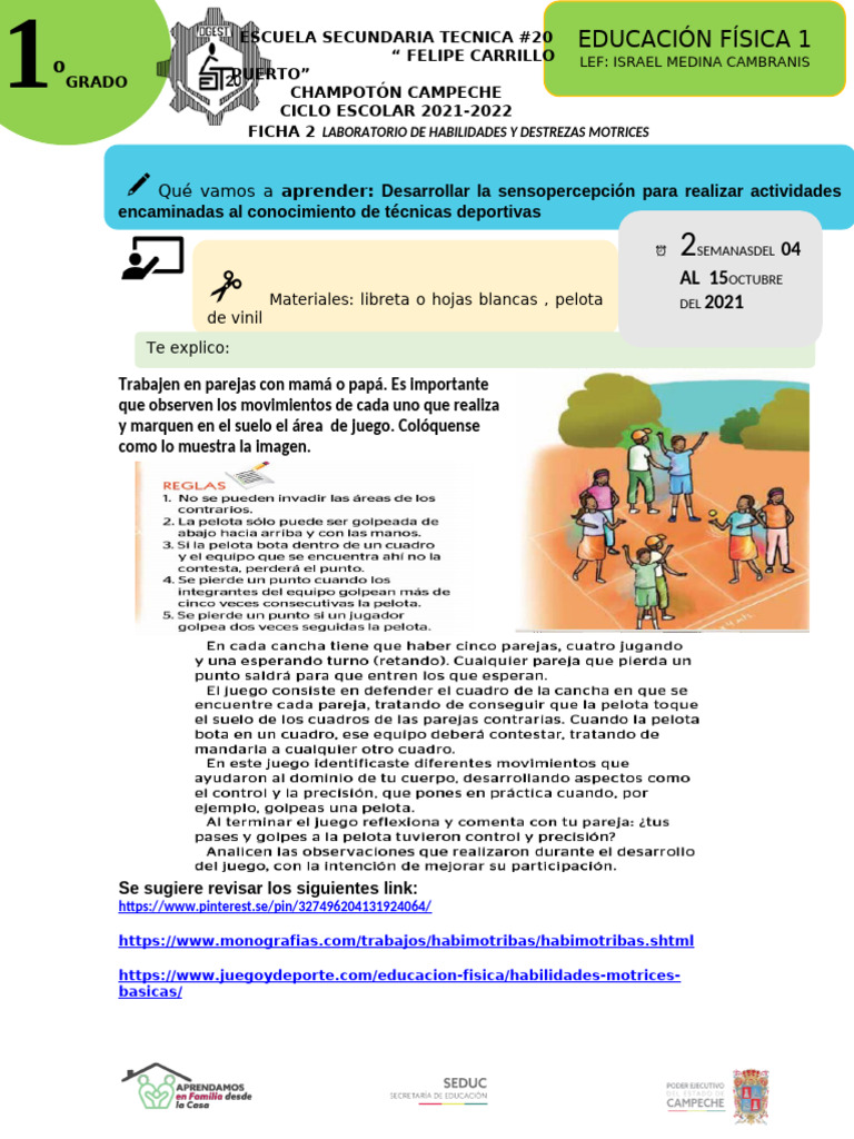 EF ISRAEL MEDINA - 1° GRADO A, B, C FICHA de HABILIDADES Y DESTREZAS ...