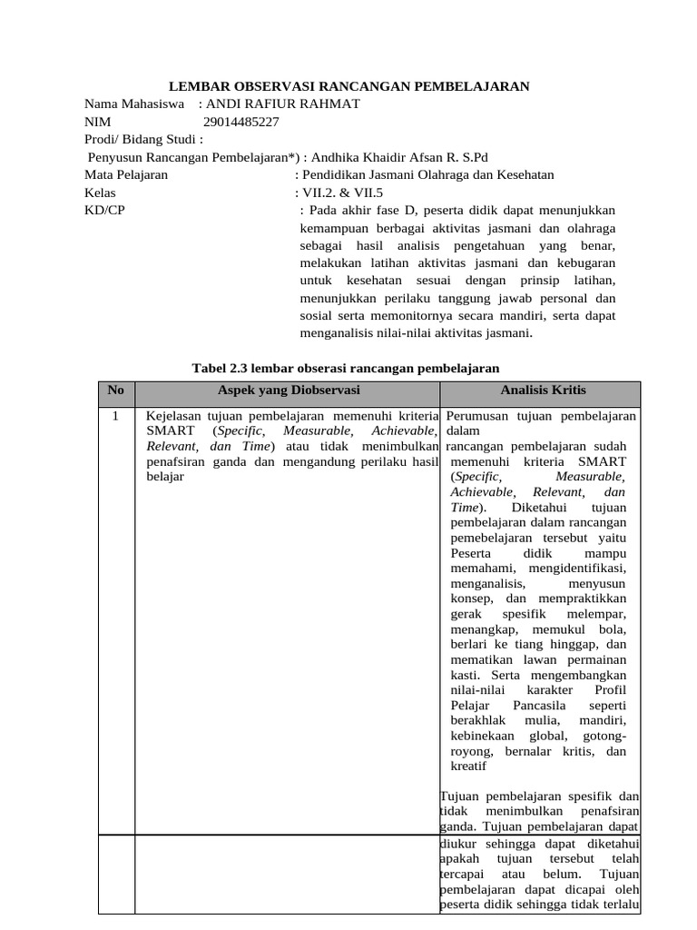 Unggah LK 3 - Lembar Observasi Rancangan Dan Perangkat Pembelajaran Pada Pembelajaran Ke-1, Andi ...