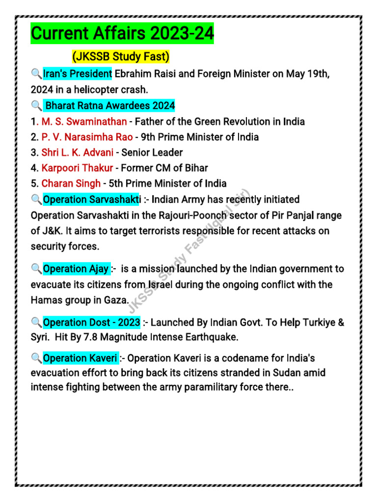 Current Affairs by Iqbal Sir JKSSB Study Fast | PDF