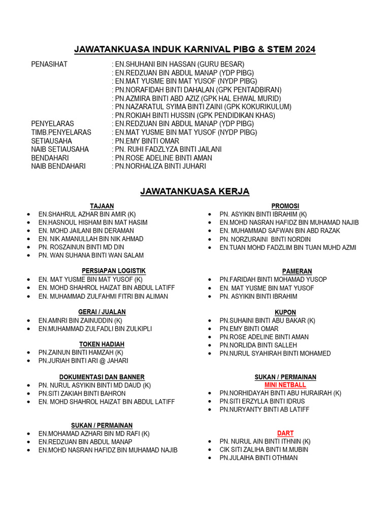 Jawatankuasa Karnival Pibg 2024 | PDF