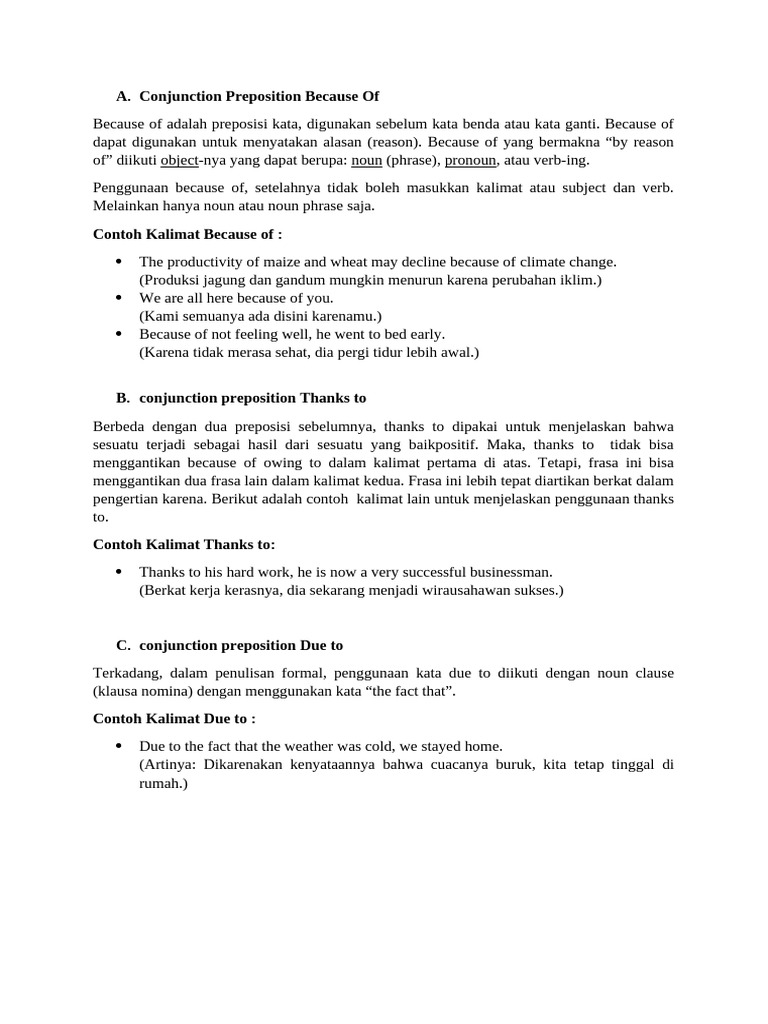Conjunction Preposition Because Of Pdf
