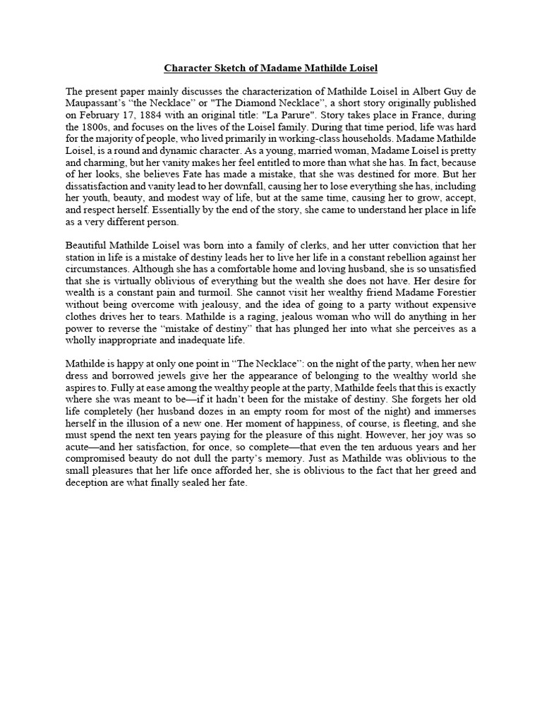 Character Sketch of Madame Mathilde Loisel | PDF