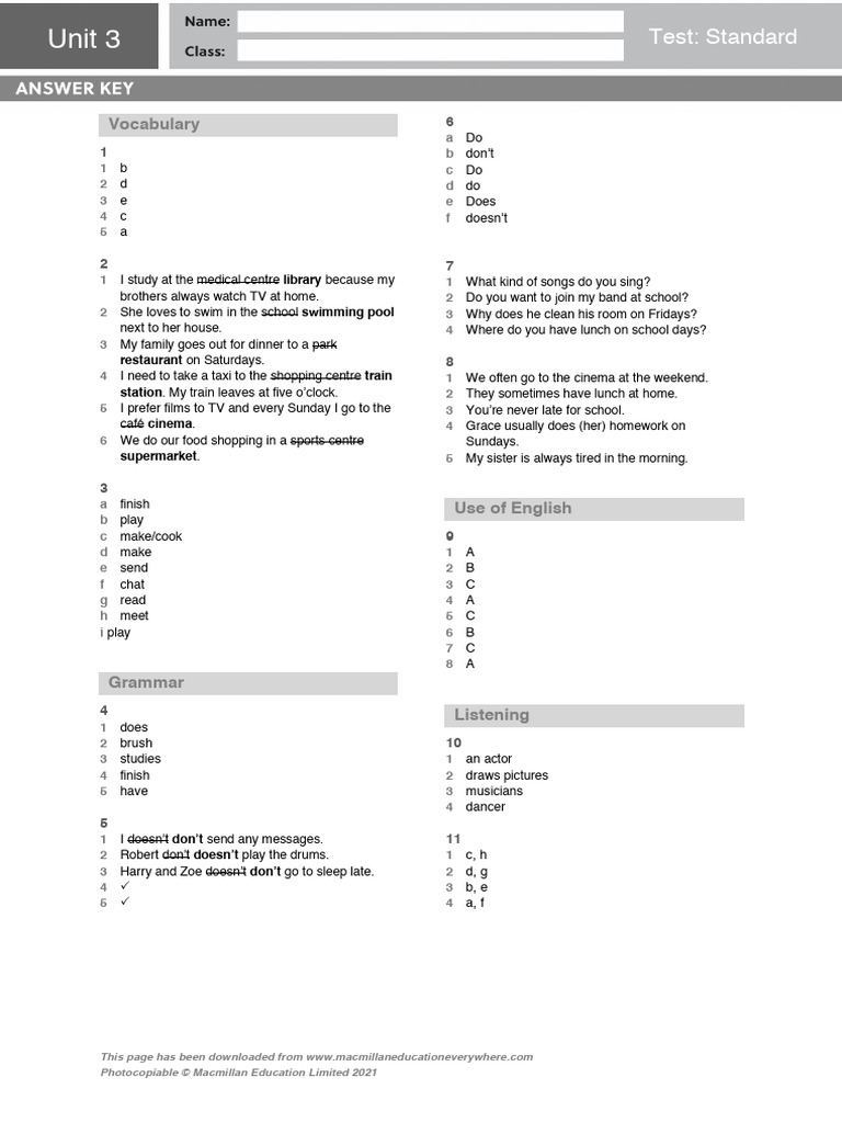 A1PLUS U3 Test Standard Answer Key | PDF
