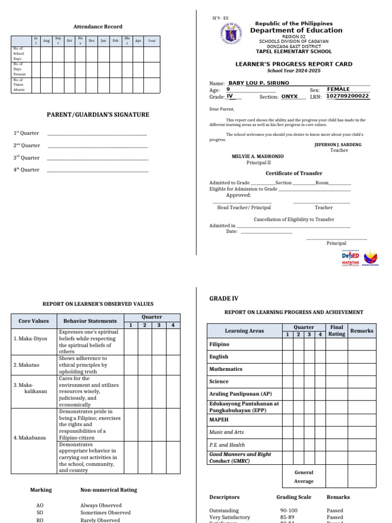 SF 9 ES Learners Progress Report Card | PDF