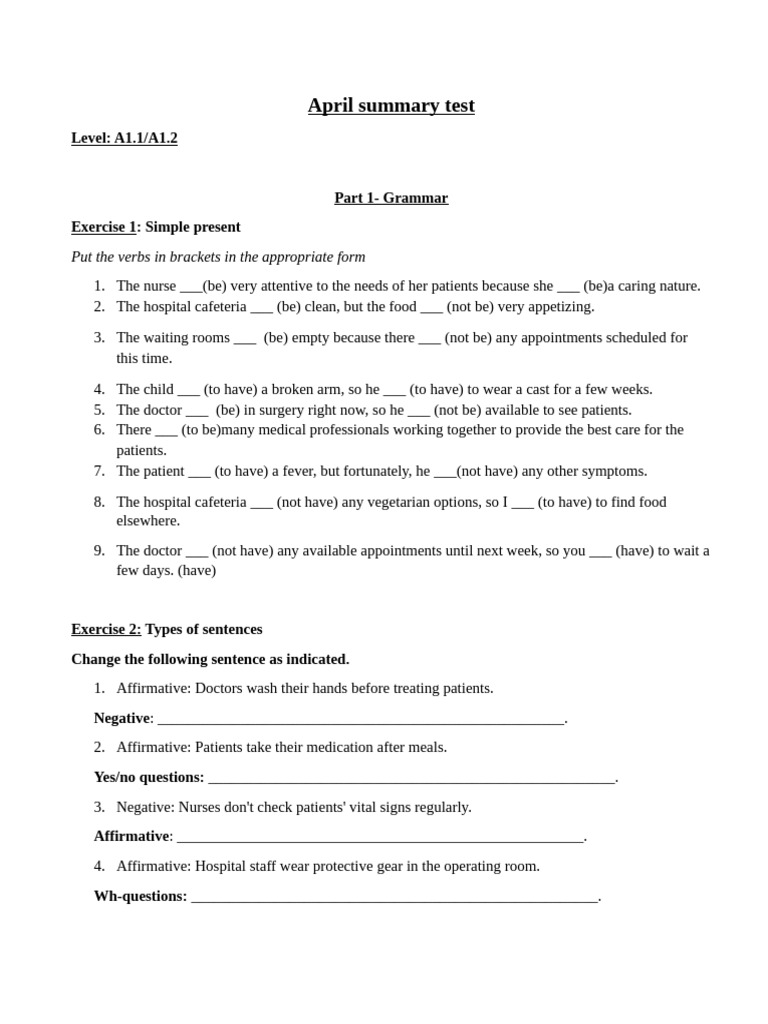 April summary test - A1 | PDF