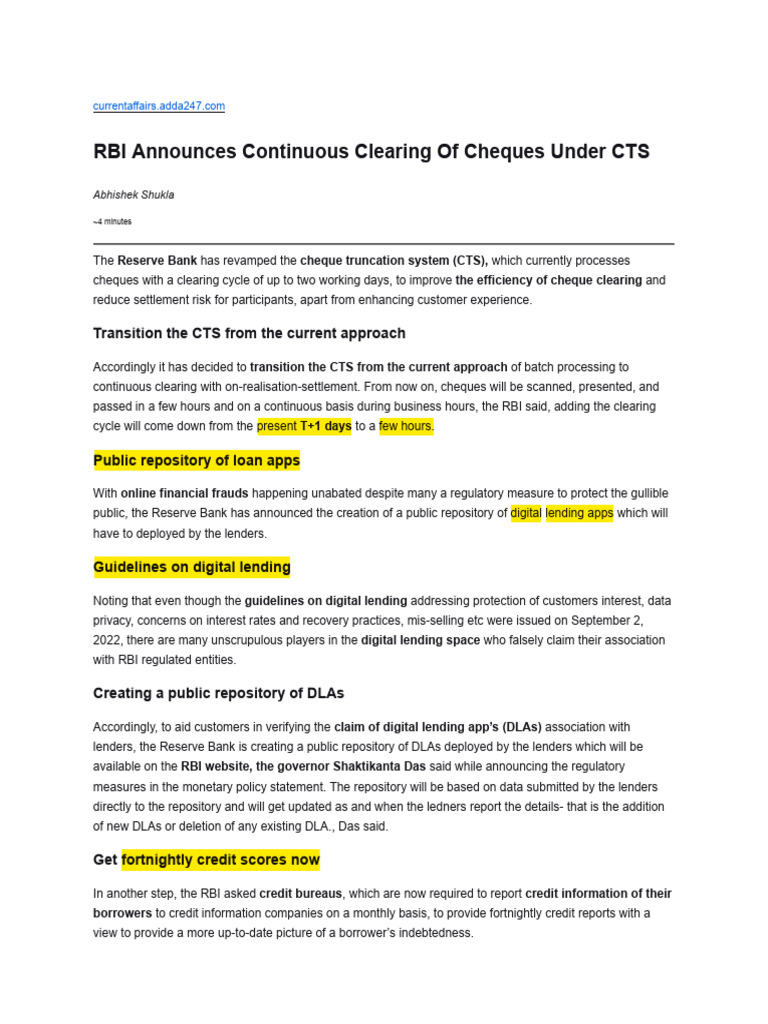 RBI's New Cheque Clearing System | PDF | Loans | Finance & Money Management