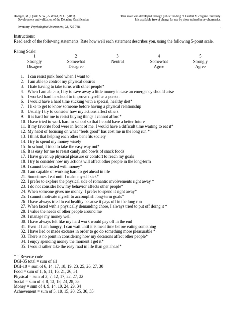 Delaying Gratification Inventory | PDF