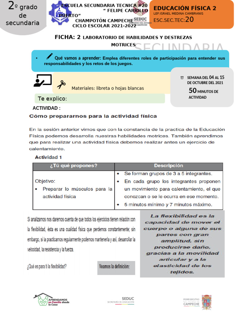 2° GRADO DE SECUNDARIA EDUCACIÓN FISICA LABORATORIO DE HABILIDADES Y ...