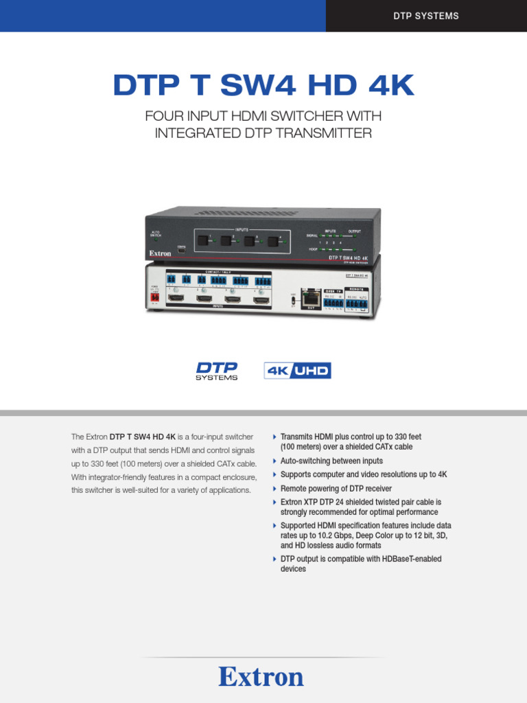 DTP T Sw4 HD 4K: Four Input Hdmi Switcher With Integrated DTP ...