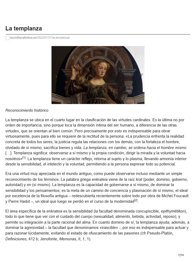 VIRTUDES CARDINALES 4 La Templanza - Laciviltacattolica - Es | PDF | Amor | Virtud
