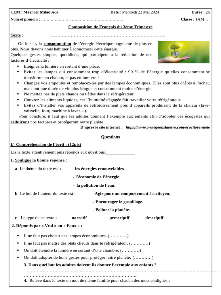 Composition 3ème Trimestre 1am Pdf