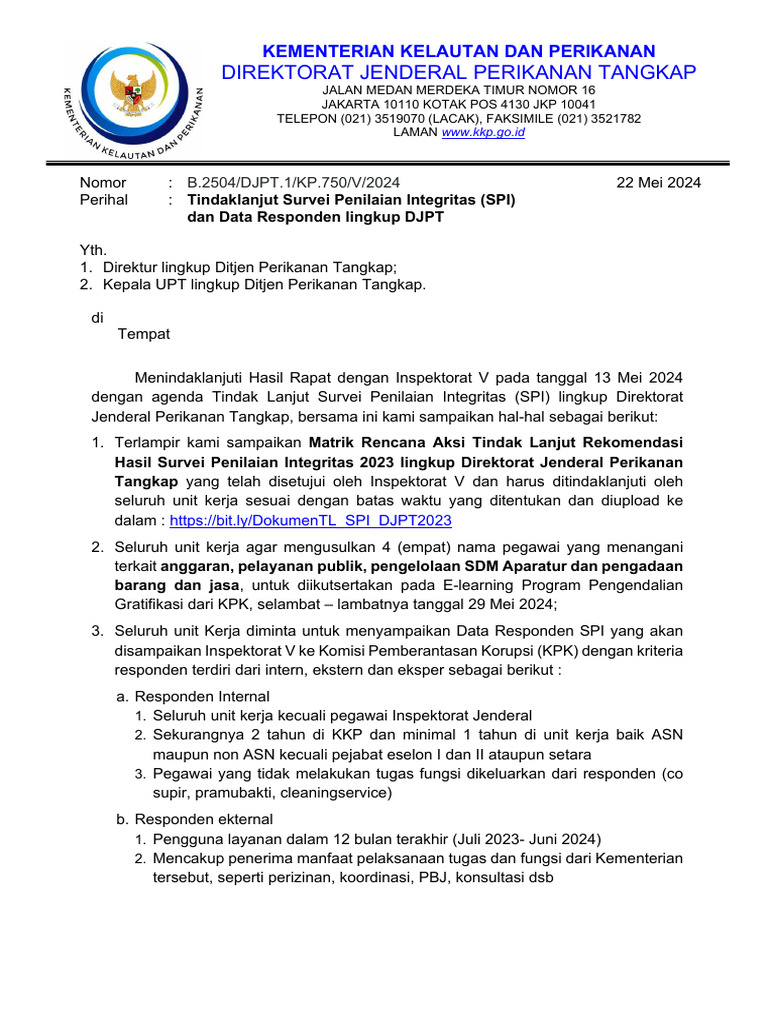 B.2504-DJPT.1-KP.750-V-2024 Tindaklanjut Survei Penilaian Integritas (SPI) Dan Data Respo | PDF