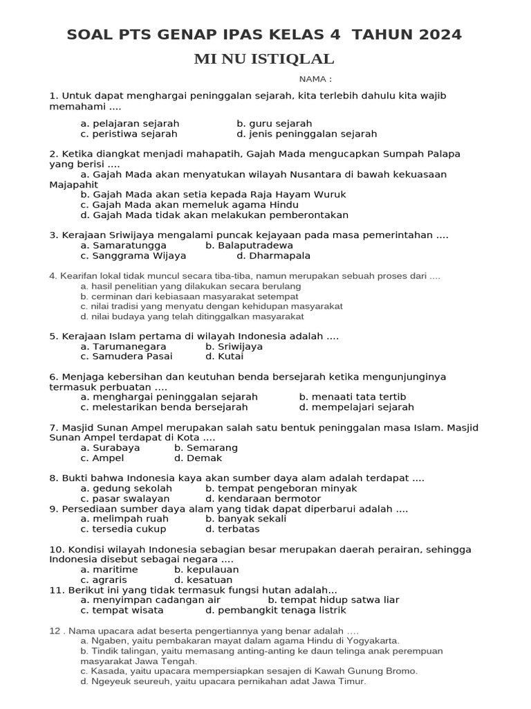 Soal Pts Genap Ipas Kelas 4 Tahun 2024 | PDF
