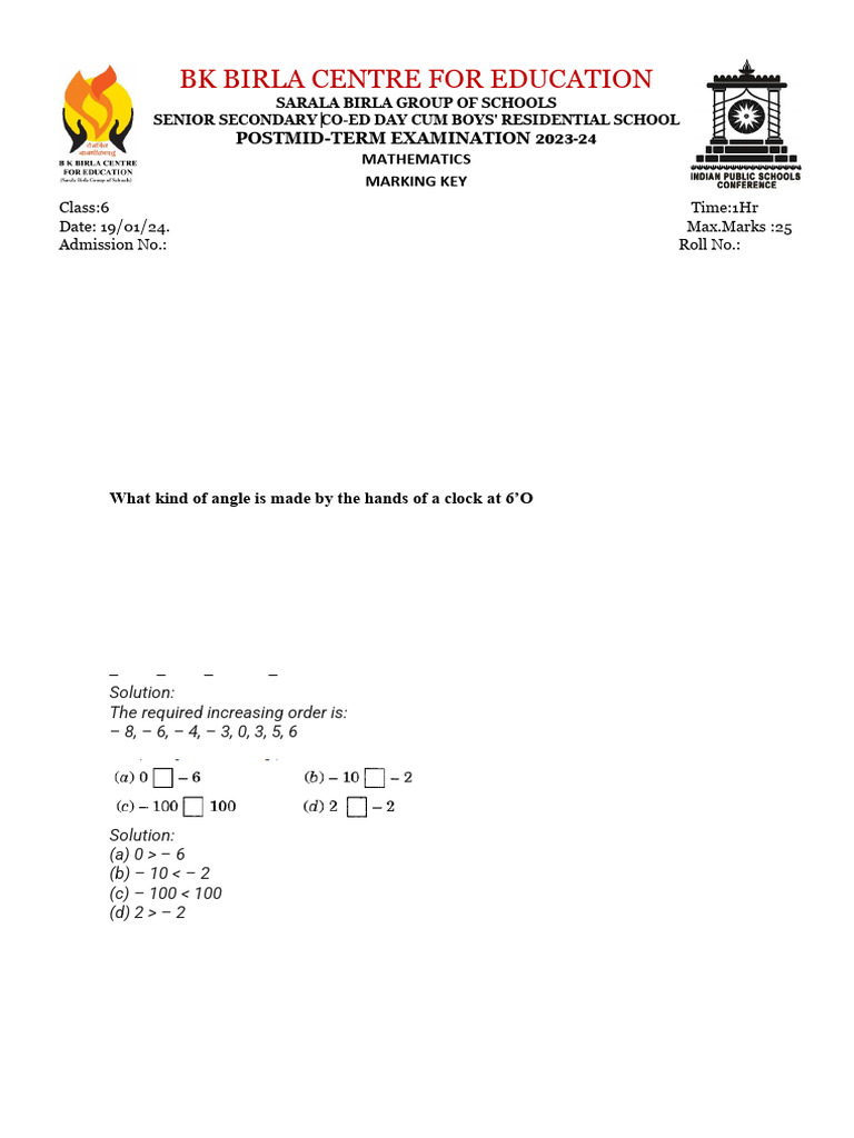 Class 6 Math Exam Marking Key | PDF | Triangle | Geometric Shapes