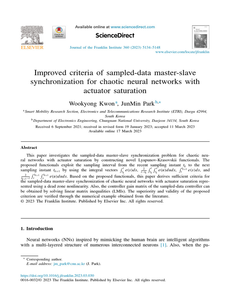 2023 - Improved Criteria of Sampled-Data Master-Slave Synchronization For Chaotic Neural ...