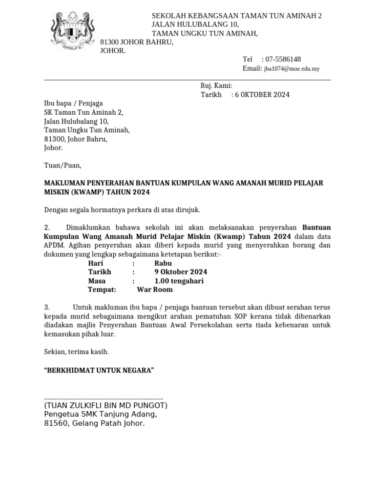 Surat Makluman-Ibu Bapa-Kwamp 2024 | PDF