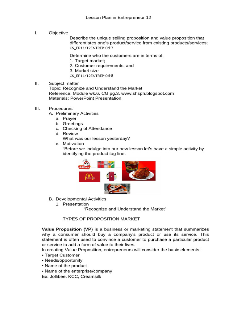 Lesson Plan in ENTREP 12 | PDF
