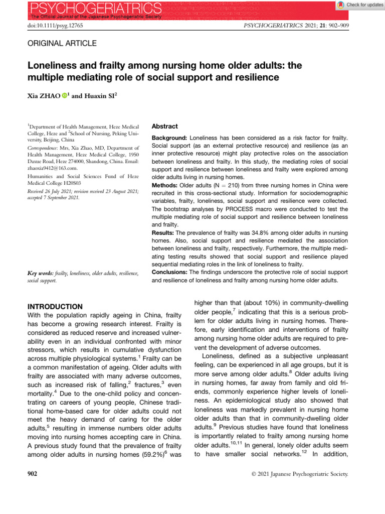 Psychogeriatrics - 2021 - Zhao - Loneliness and Frailty Among Nursing Home Older Adults The ...
