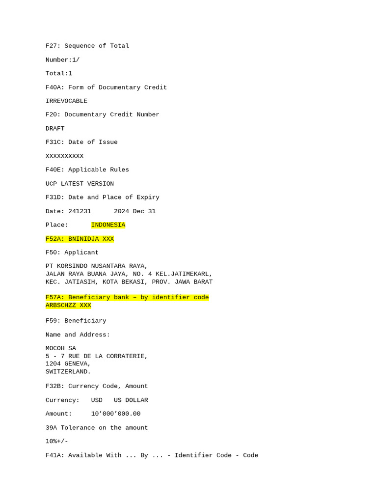 LC Draft Bank Negara Indonesia (BNI) | PDF