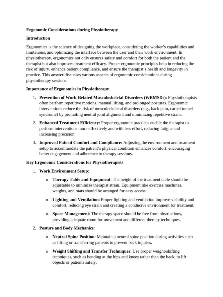 Ergonomic Considerations during Physiotherapy | PDF