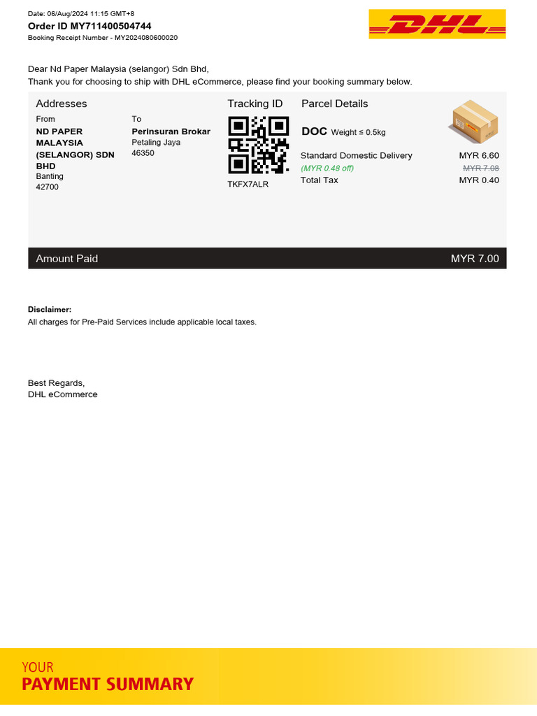 DHL Shipping Receipt for Banting Order | PDF