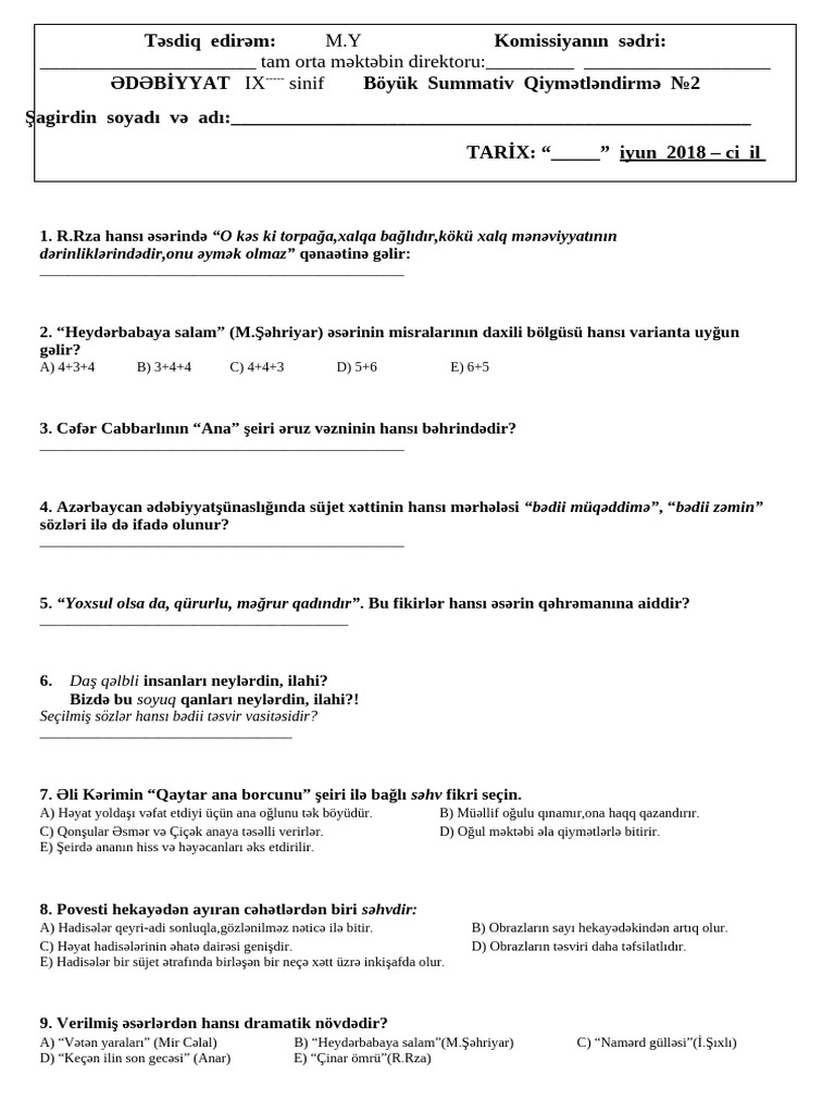 9-Cu Sinif Ədəbiyyat BSQ 2 | PDF