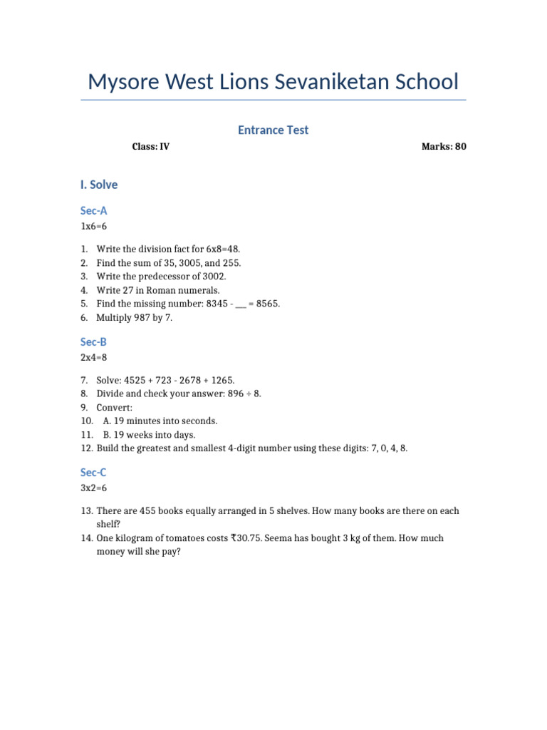 Entrance Test Math Class IV Updated | PDF