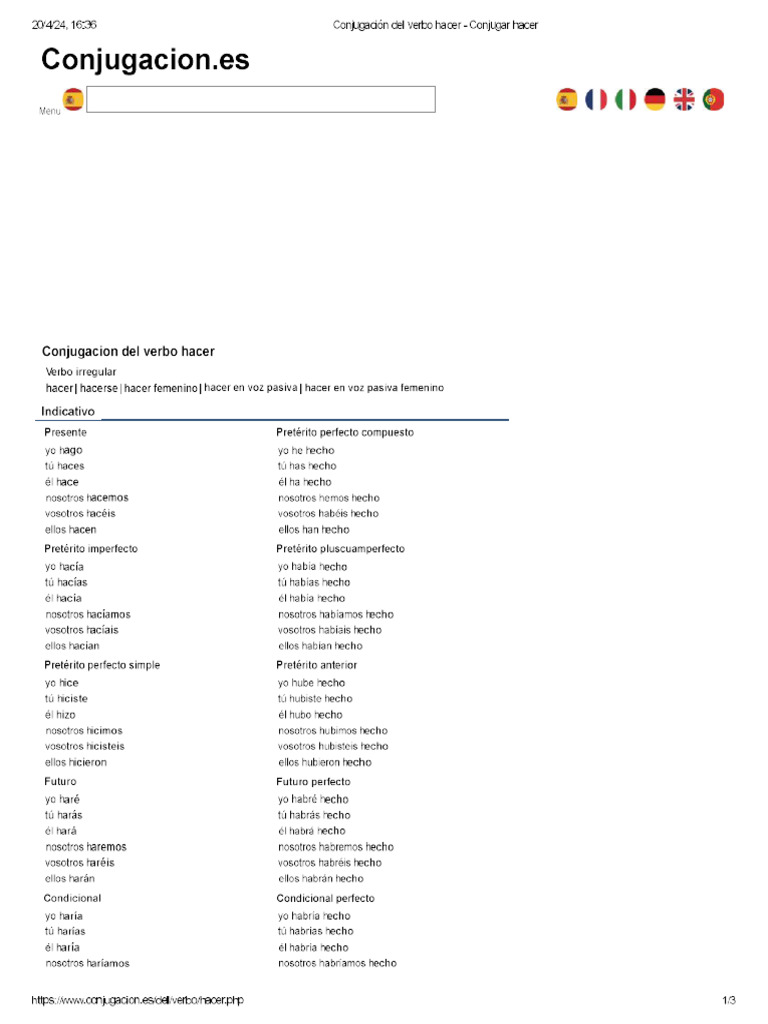 Conjugación del verbo hacer - Conjugar hacer | PDF