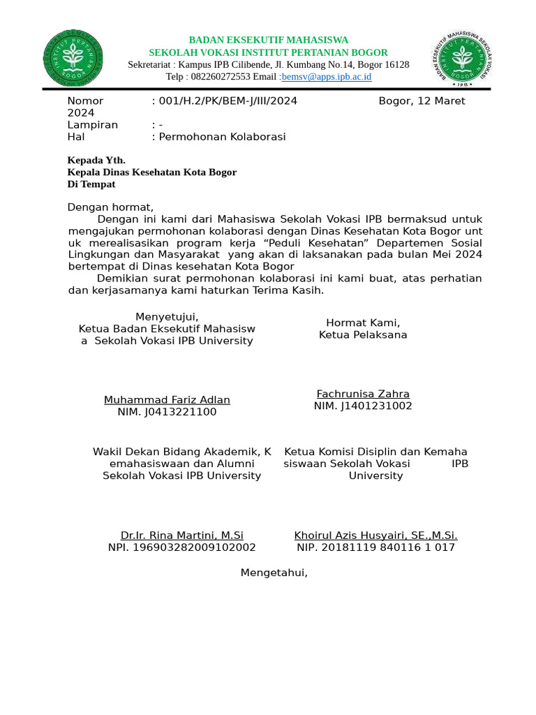 001 Surat Permohonan Kolaborasi Dinas Kesehatan Kota Bogor | PDF