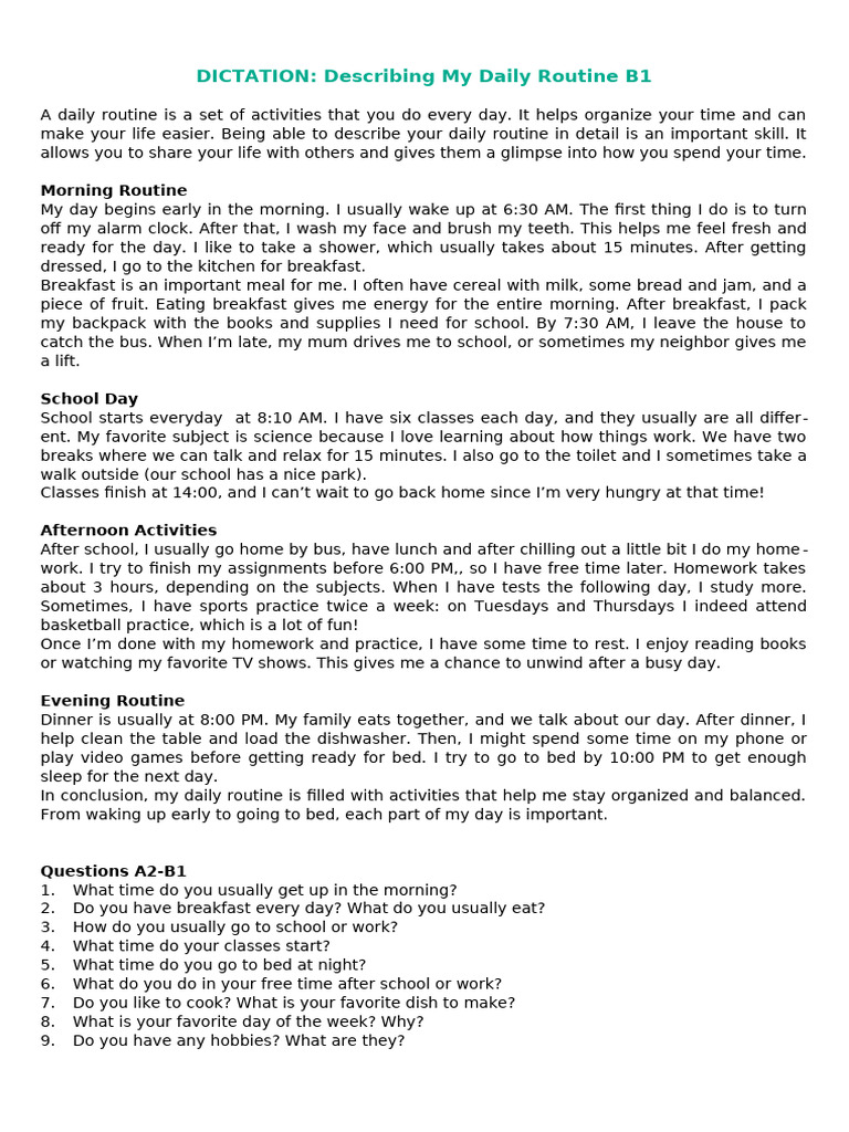 Daily Routine Dictation - Ok | PDF