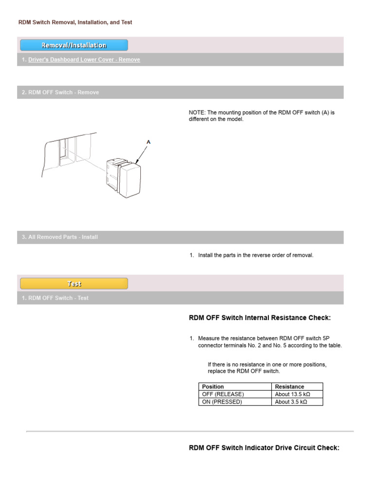 RDM Switch Removal, Installation, and Test 3726 | PDF