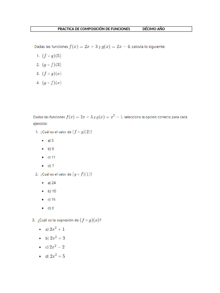 PRACTICA DE COMPOSICIÖN DE FUNCIONES DÉCIMO AÑO | PDF