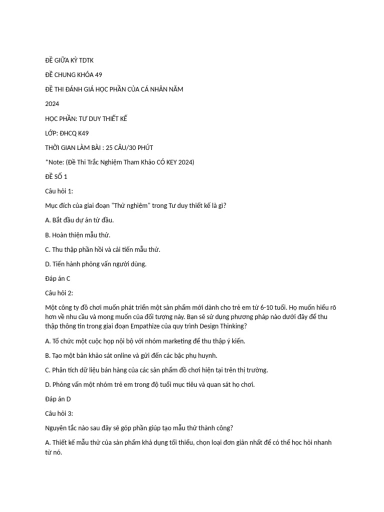 ĐỀ GIỮA KỲ TDTK | PDF