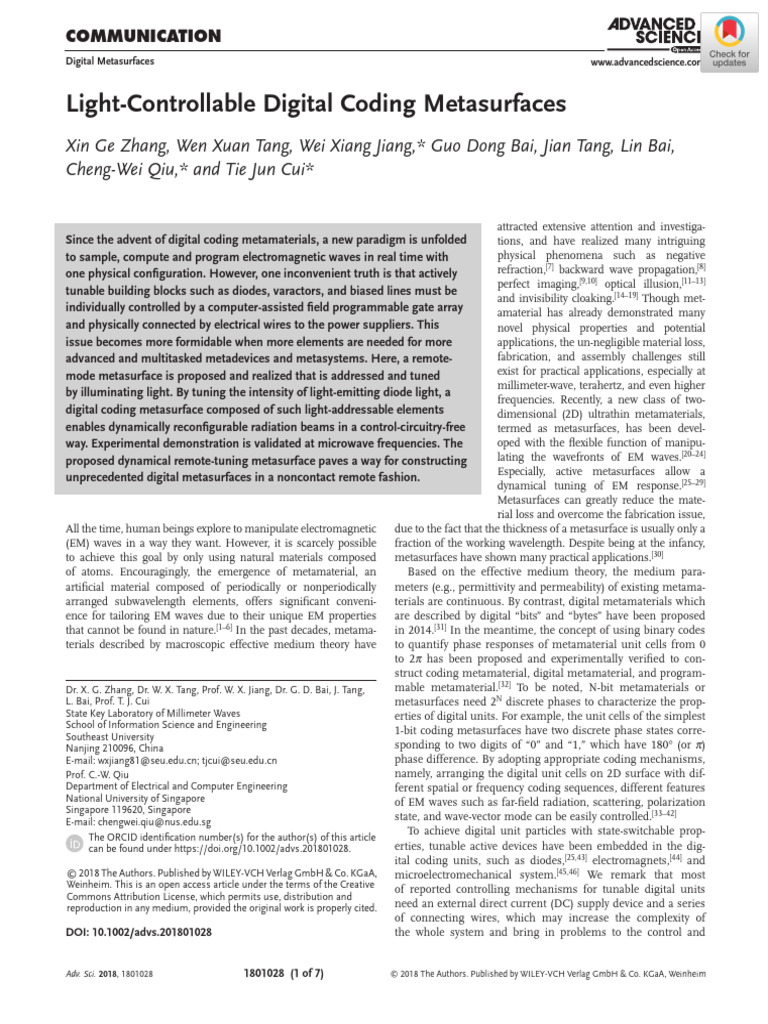Light-Controllable Digital Coding Metasurfaces | PDF | Metamaterial | Science & Mathematics