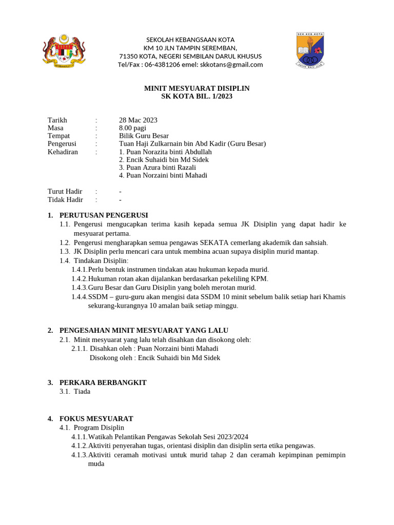 Minit Mesyuarat Disiplin Bil 1 2023 | PDF