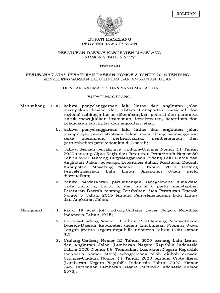 Perda 2 2022 Perubahan Perda 3 Tahun 2016 Penyelenggaraan Lalu Lintas Dan Angkutan Jalan | PDF