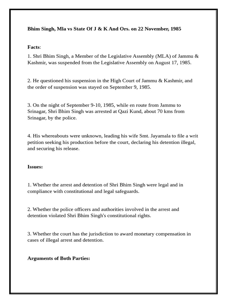 Bhim Singh, Mla Vs State of J & K | PDF