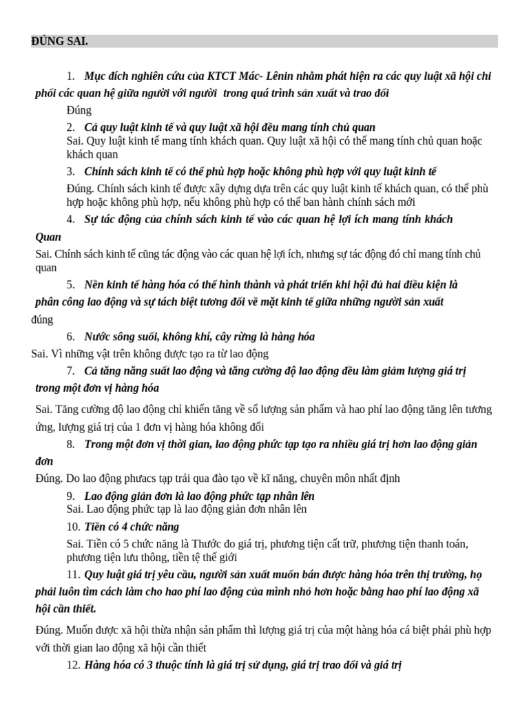 Đúng Sai Ktct. BT | PDF | Vietnamese People | Southeast Asia