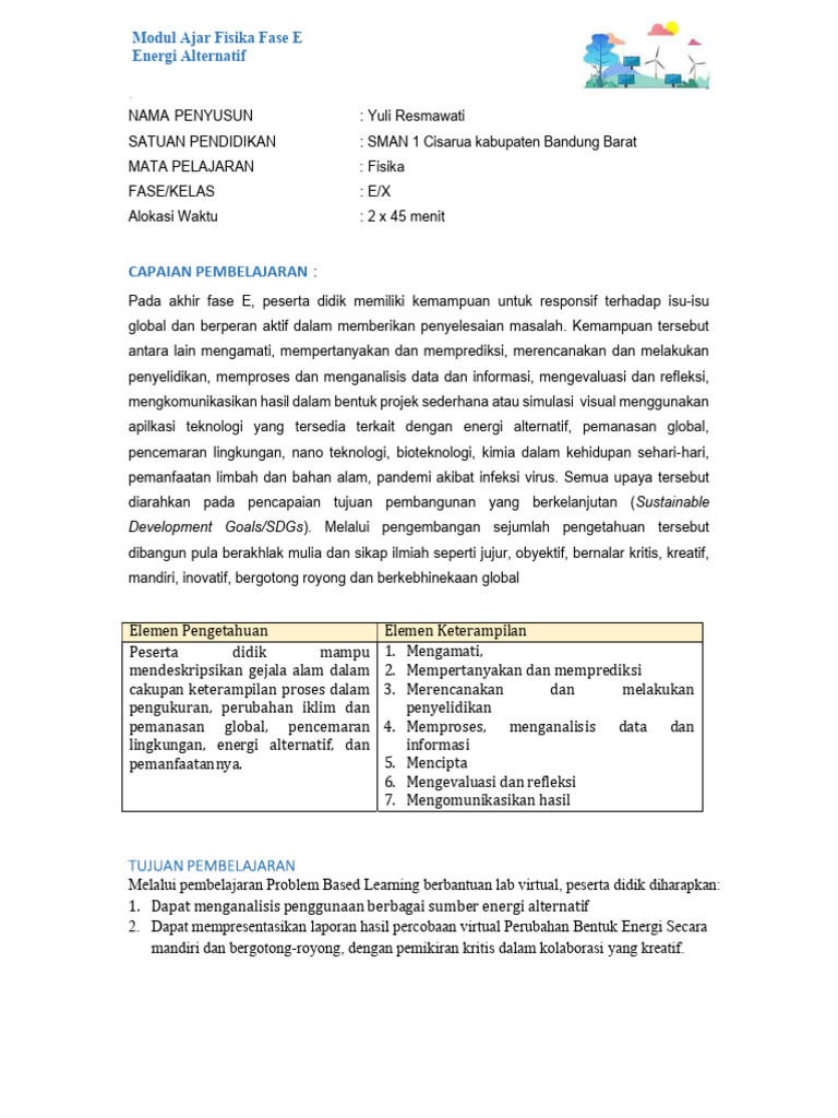 Modul Ajar Fisika Kelas X - Energi Alternatif | PDF