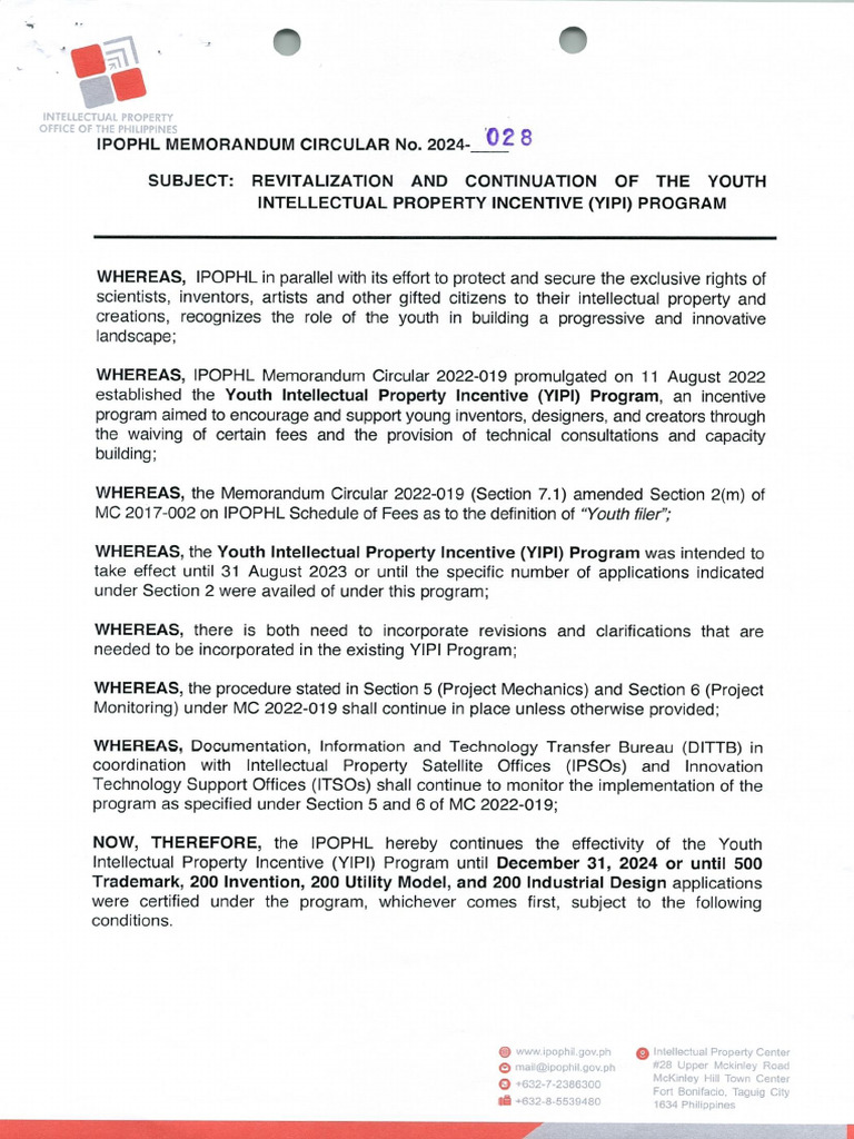 Ipophl Memorandum Circular No. 2024-028, Revitalization and Continuation of The Youth ...