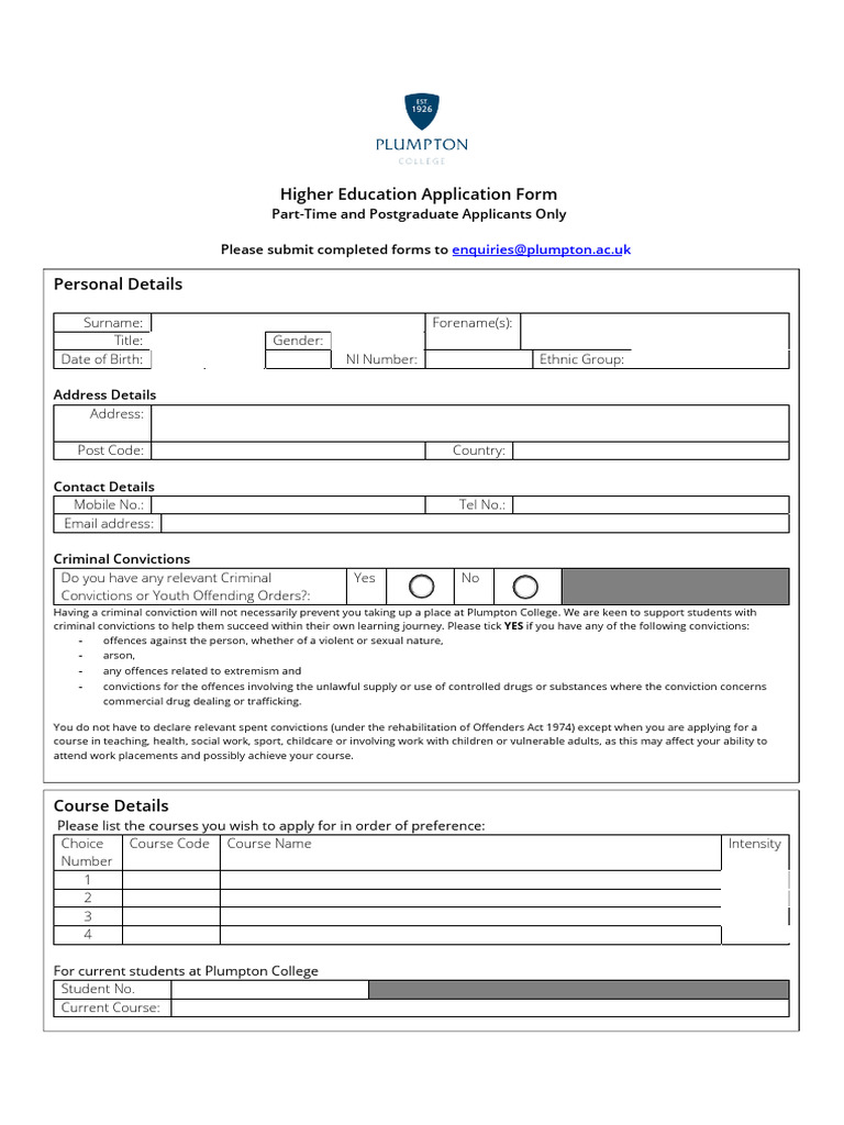 Male 31 Dec Not Known/Provided: Higher Education Application Form | PDF