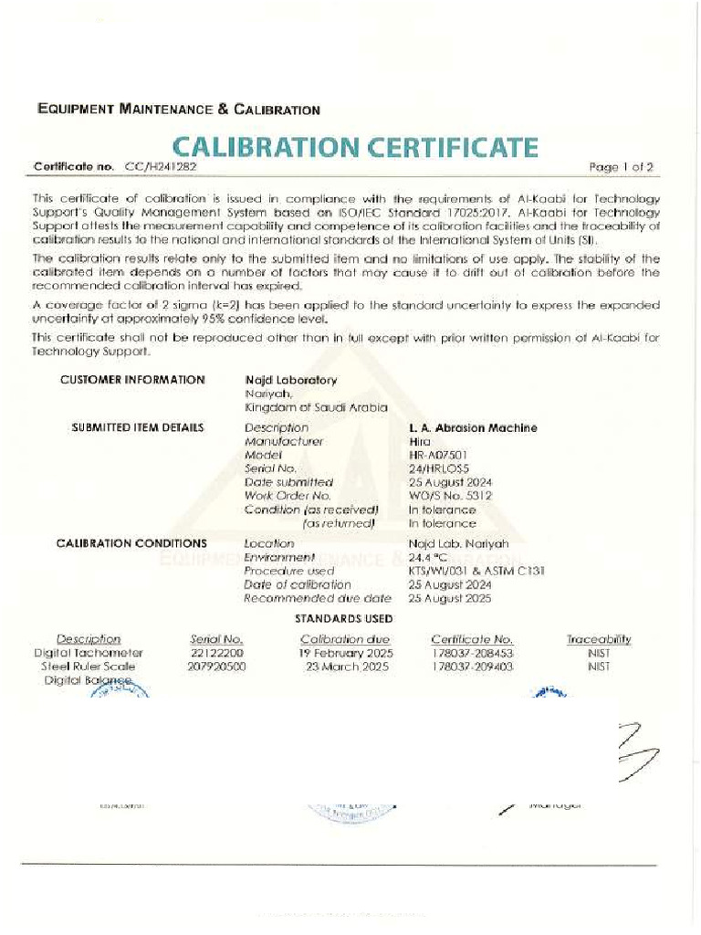 Calibration Certificates - Civil Testing Equipment | PDF