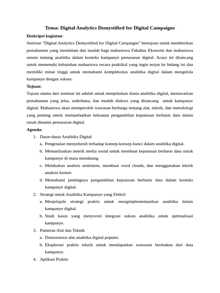 Tema: Digital Analytics Demystified For Digital Campaigns: Deskripsi Kegiatan | PDF | Bisnis | Seni