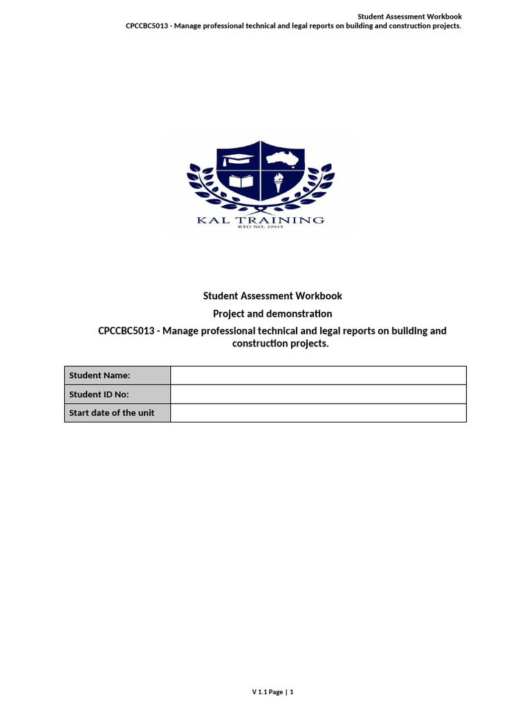 Student Assessment Workbook CPCCBC5013 - Project and Demonstration | PDF