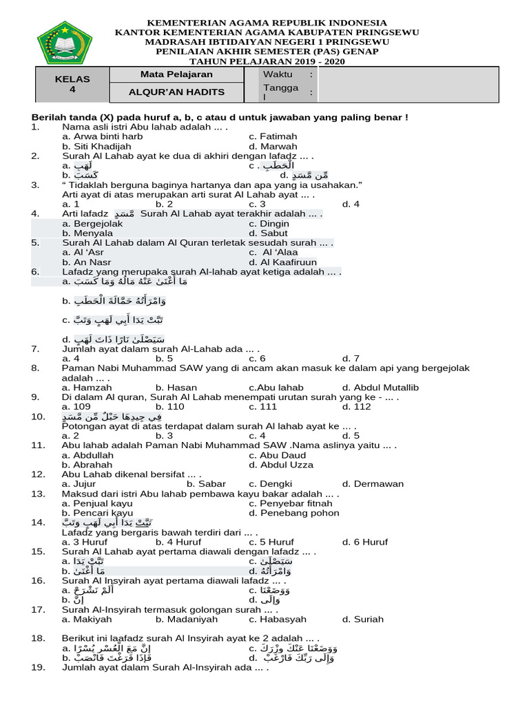 Soal KLS 4 Semester 2 | PDF