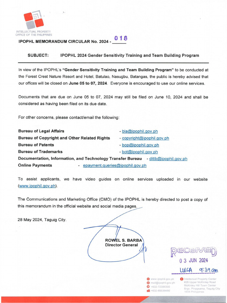 IPOPHL Memorandum Circular No. 2024-018, IPOPHL 2024 Gender Sensitivity Training and Team ...