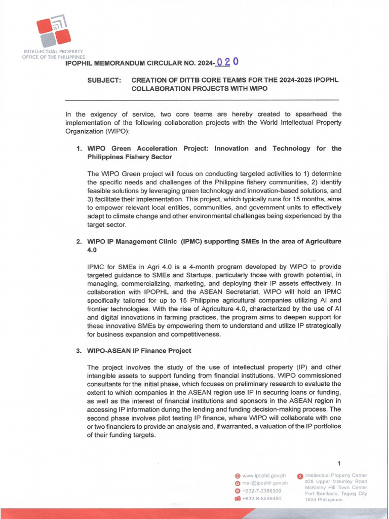 IPOPHL Memorandum Circular No. 2024-020, CREATION OF DITTB CORE TEAMS ... IPOPHL Memorandum Circular No. 2024-020, CREATION OF DITTB CORE TEAMS ...