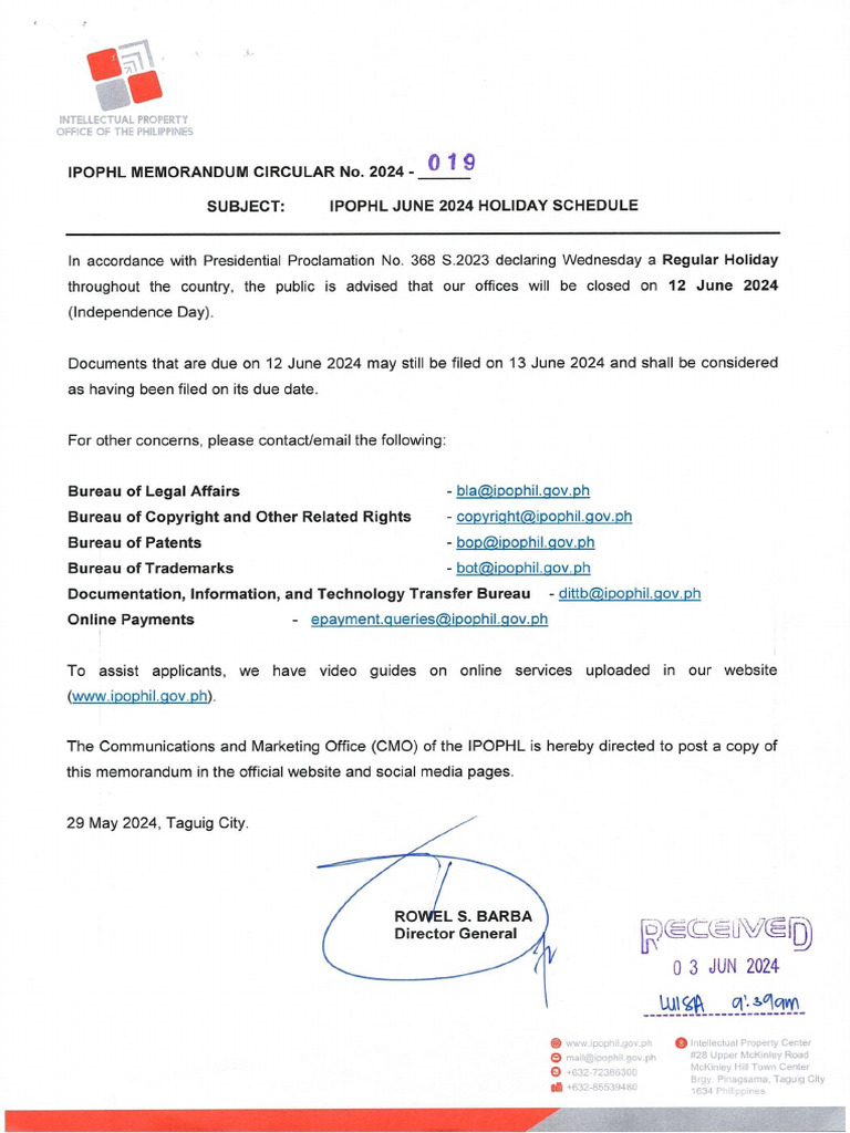 Ipophl Memorandum Circular No. 2024-019, Ipophl June 2024 Holiday ... Ipophl Memorandum Circular No. 2024-019, Ipophl June 2024 Holiday ...